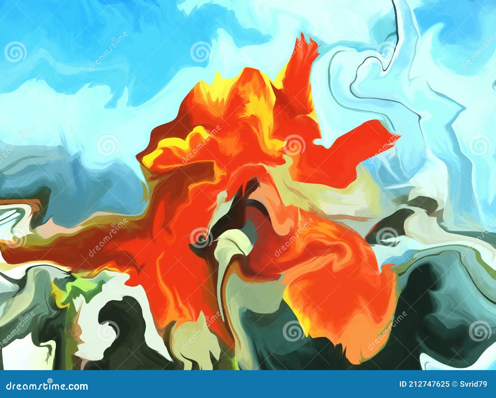 Abstract Colored Texture. a Bright Red Flower on a Blue Sky Background ...