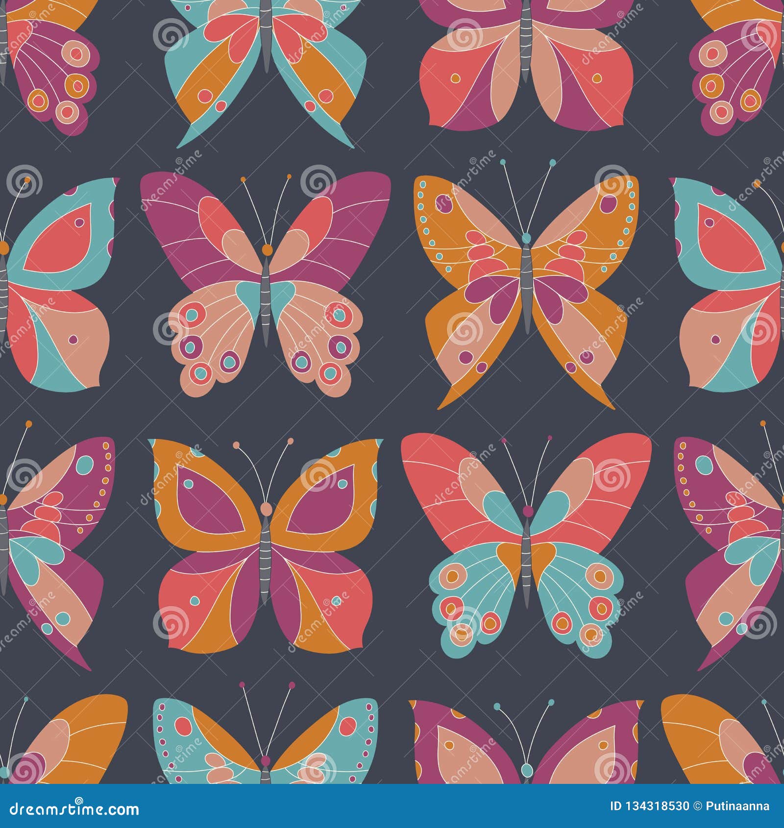 Abstract Colorful Butterflies on Dark Grey Background Vector Seamless ...
