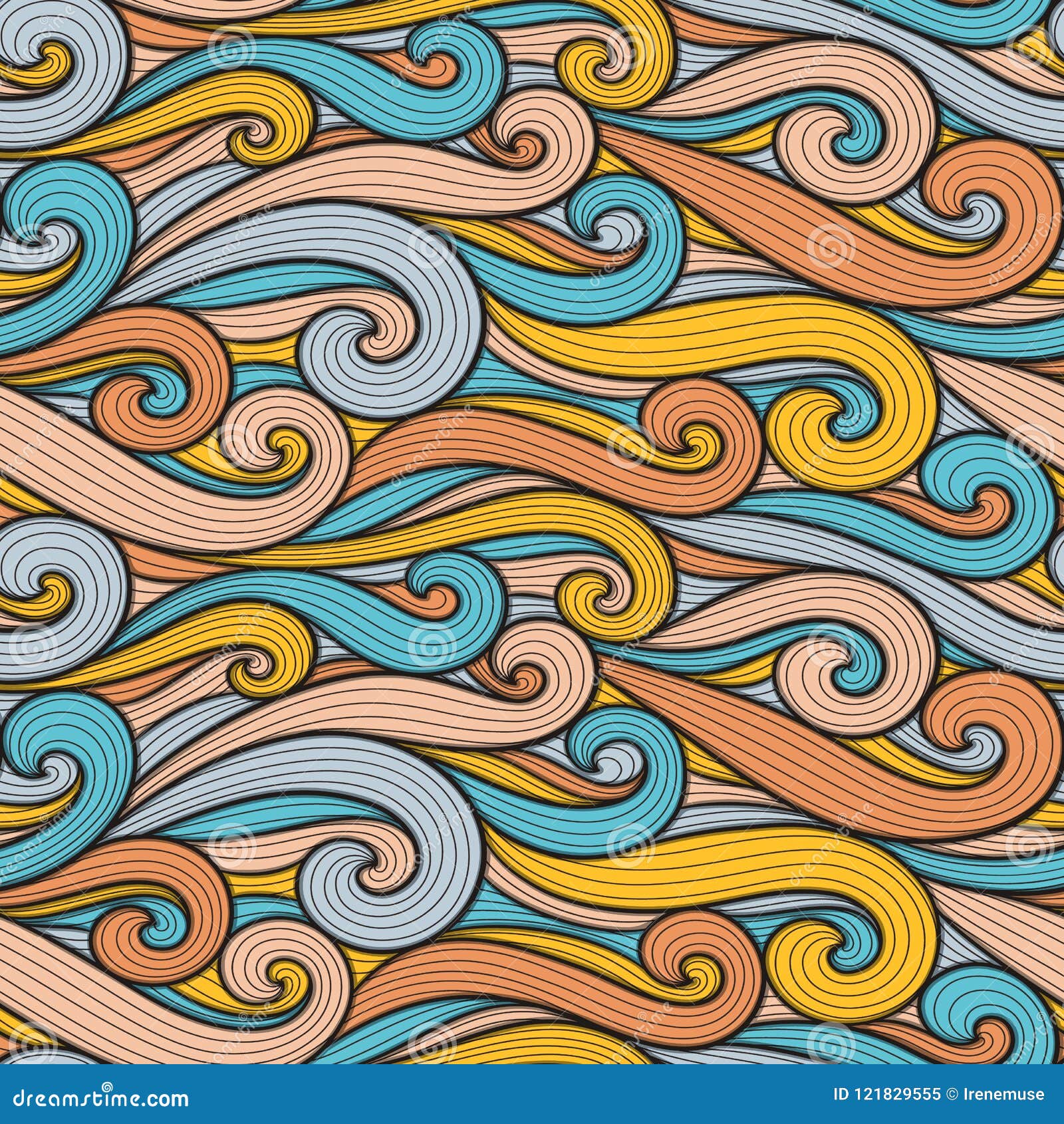 Abstract Colorful Curly Lines Seamless Patterns Set. Waves and Curls ...
