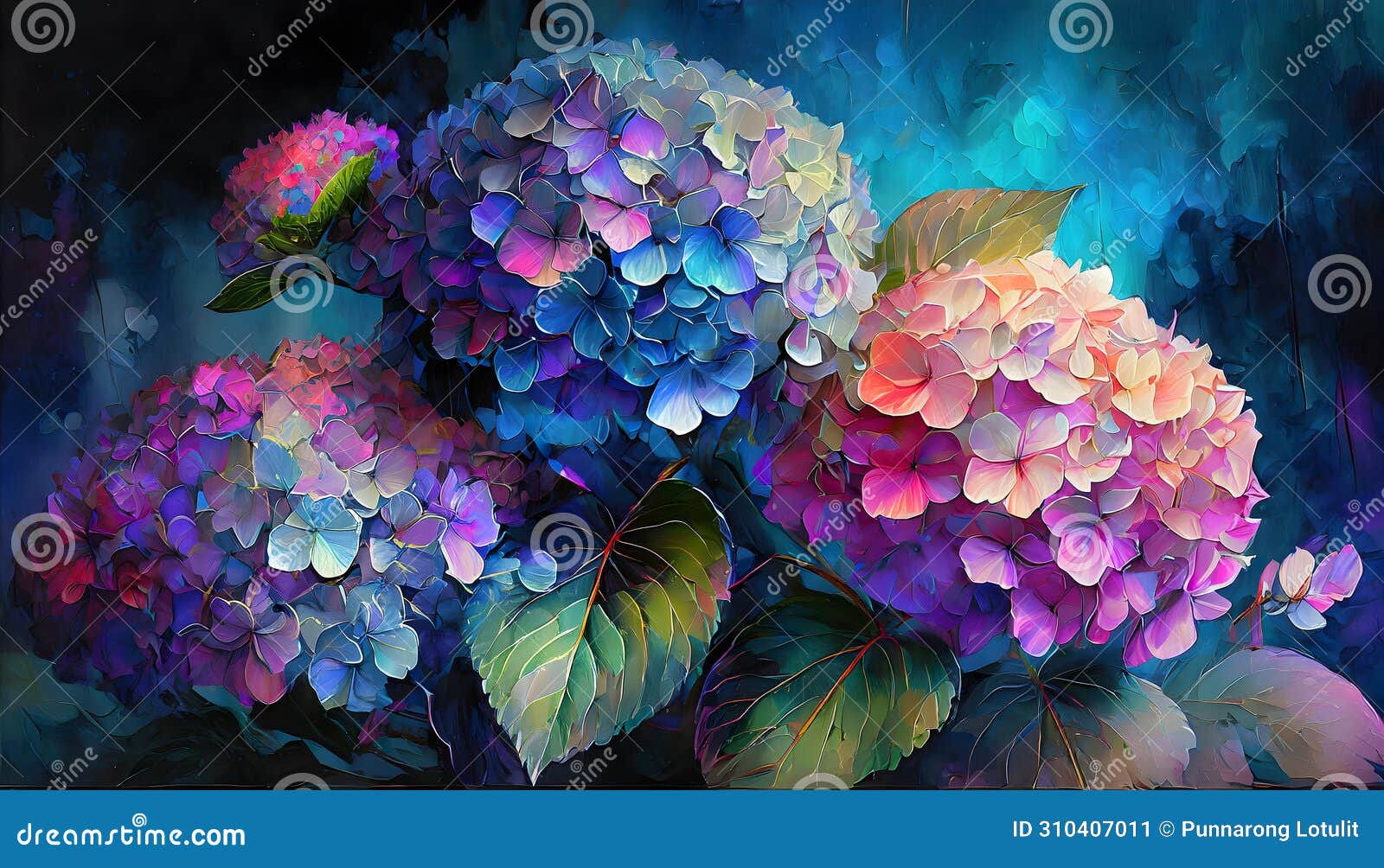 Abstract Colorful Hydrangea Flowers on a Blue Background, Impressionism ...