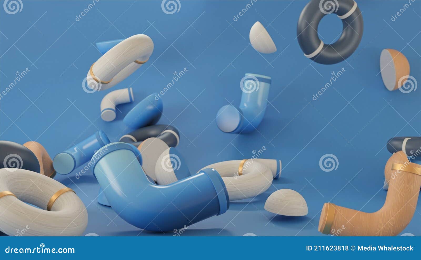 Abstract Colorful Objects Falling Down Isolated on Blue Background ...