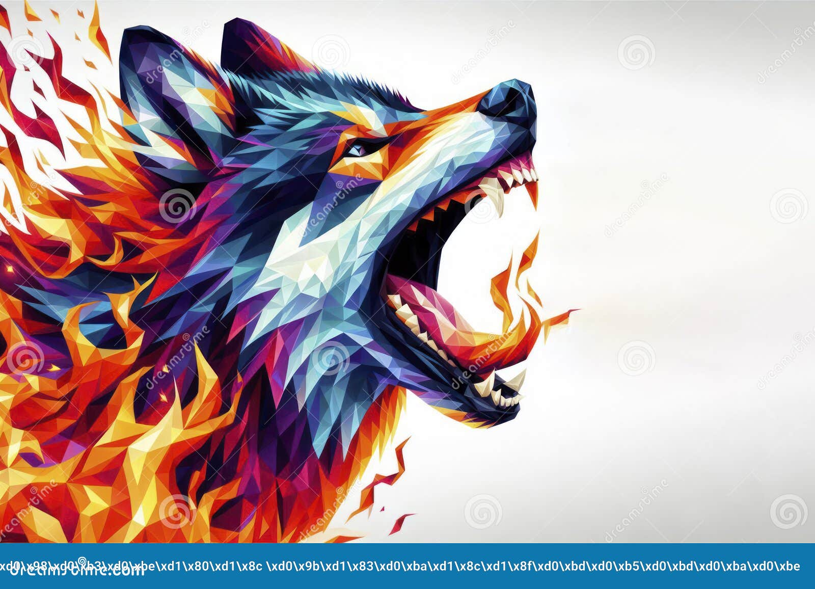 Abstract Colorful Polygon Wolf Roaring Fierce on Fire on a White ...