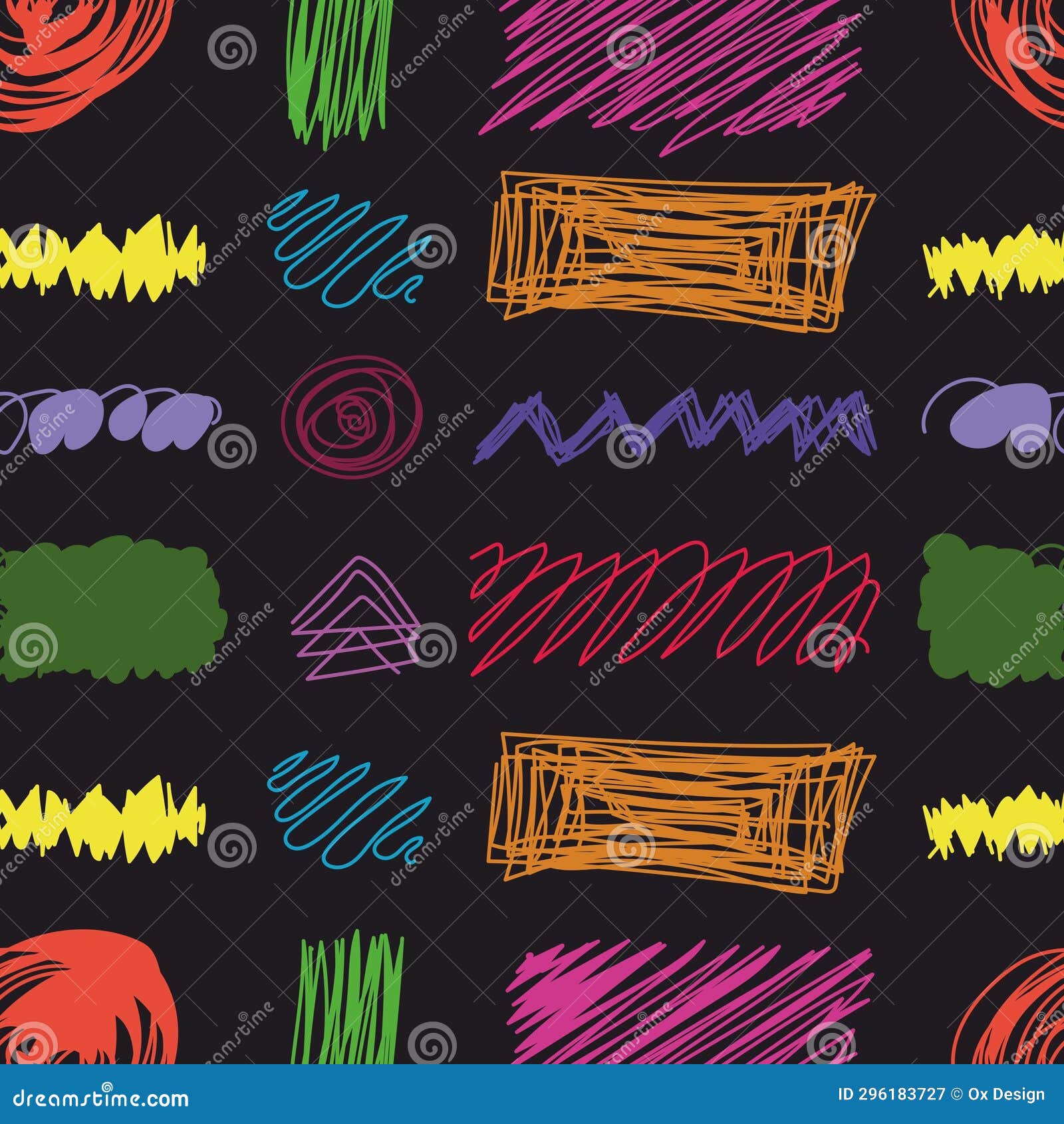 Abstract Colorful Scribbles Shapes Seamless Pattern. Black Background ...