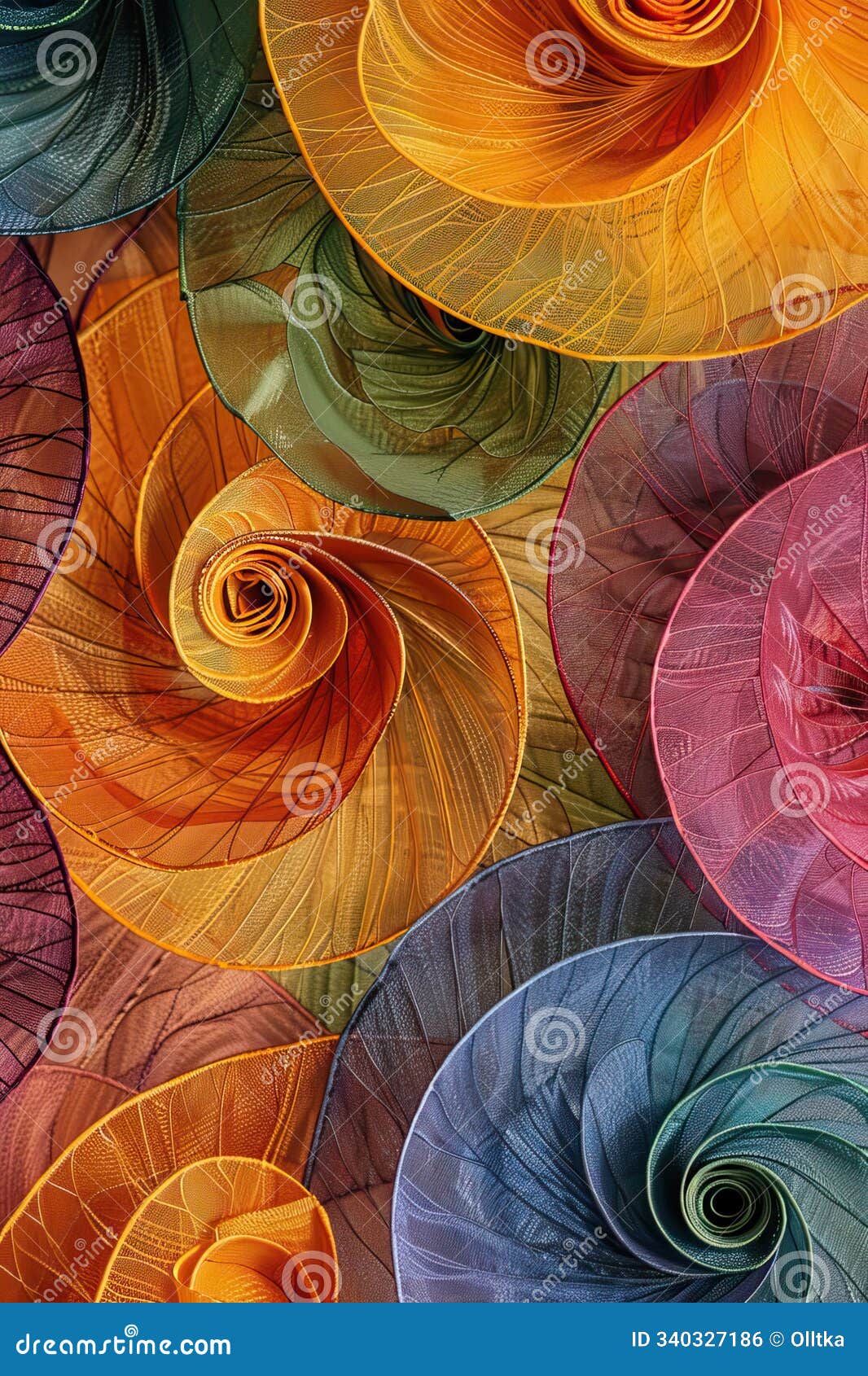 Abstract Colorful Spiral Pattern Made of Overlapping Translucent Leaves ...