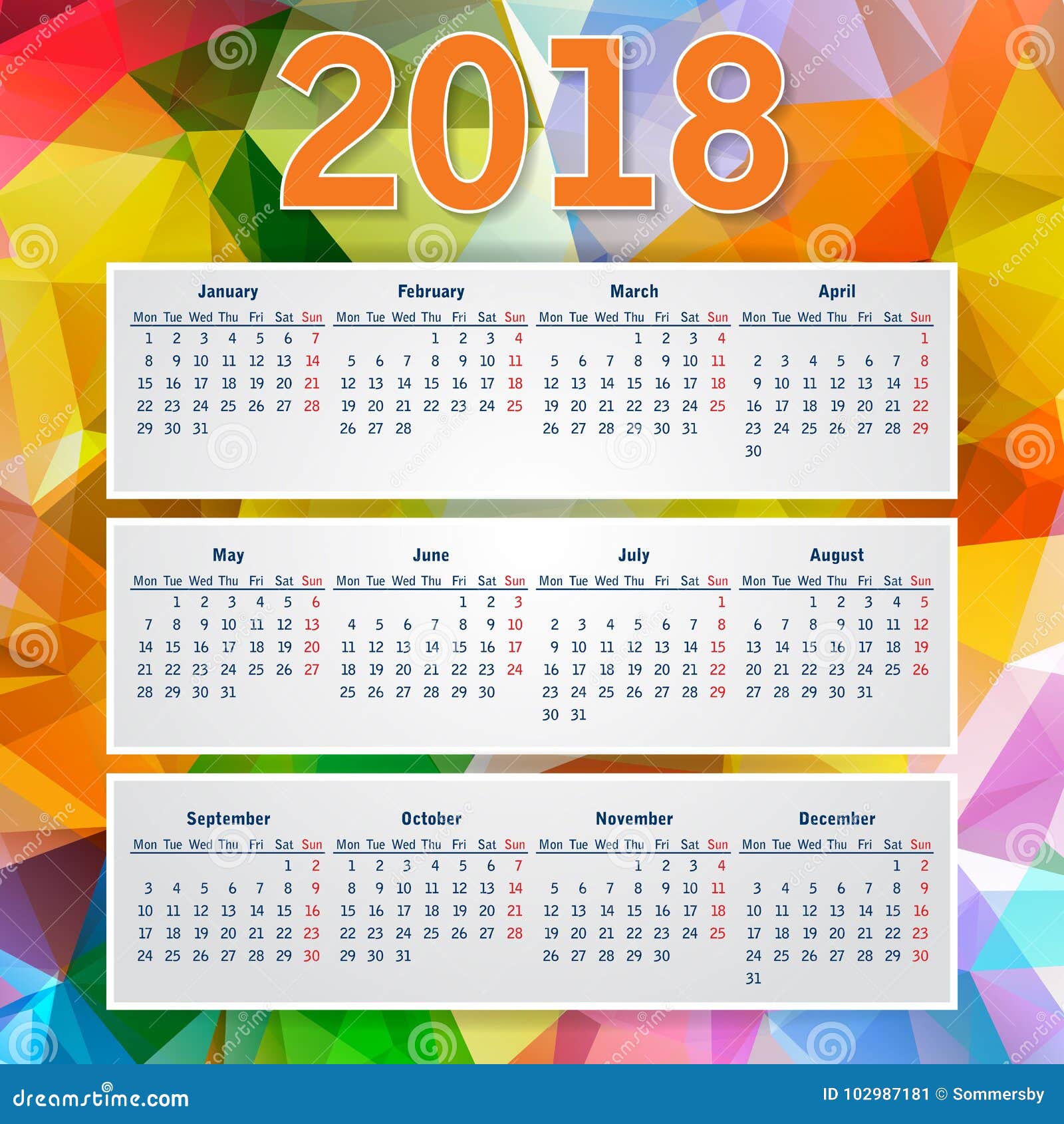 Colorful Triangular Polygonal 2018 Year Calendar Stock Vector ...