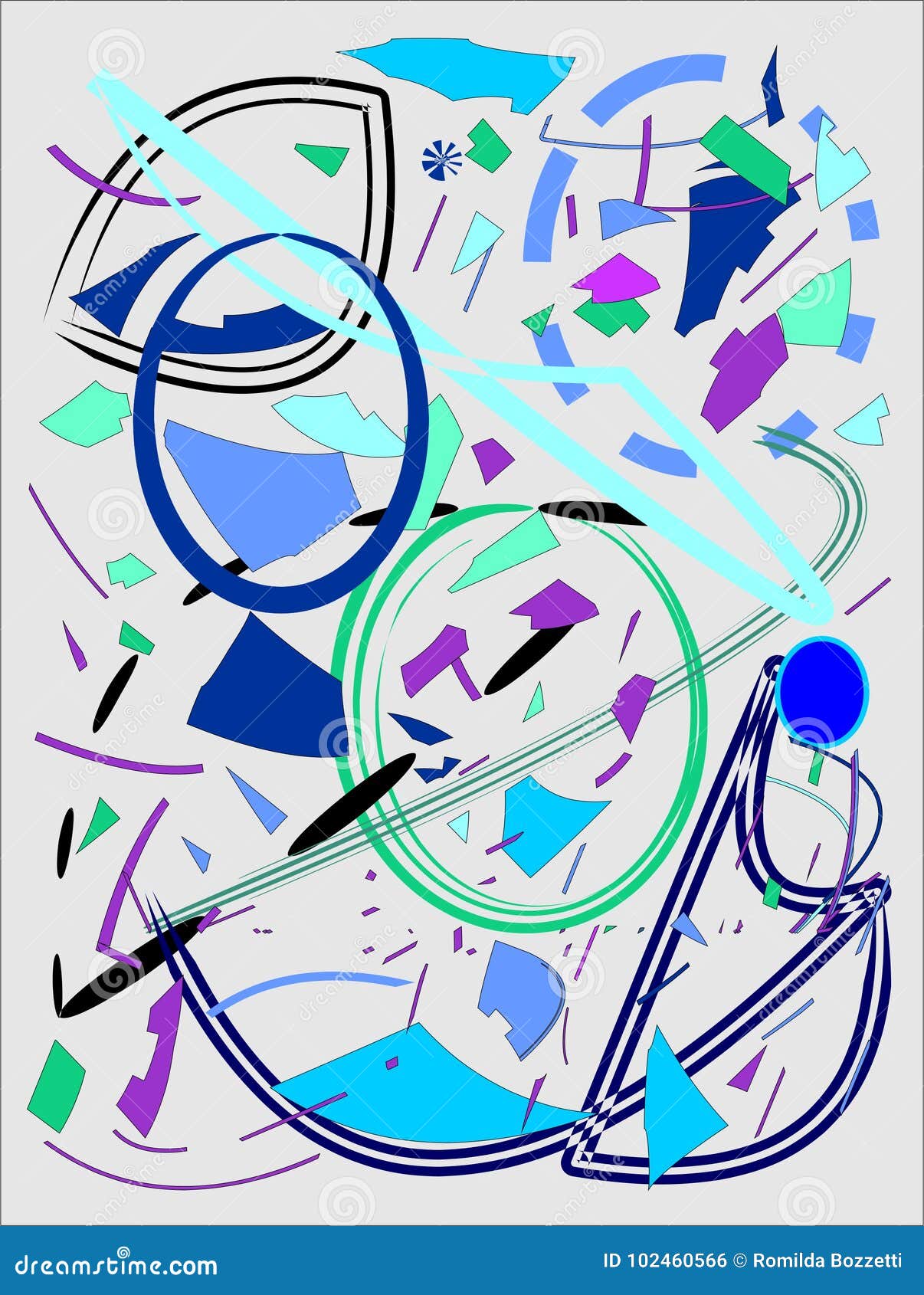 Abstract Composition , Fancy Curved and Geometric Blue Shapes on Light ...