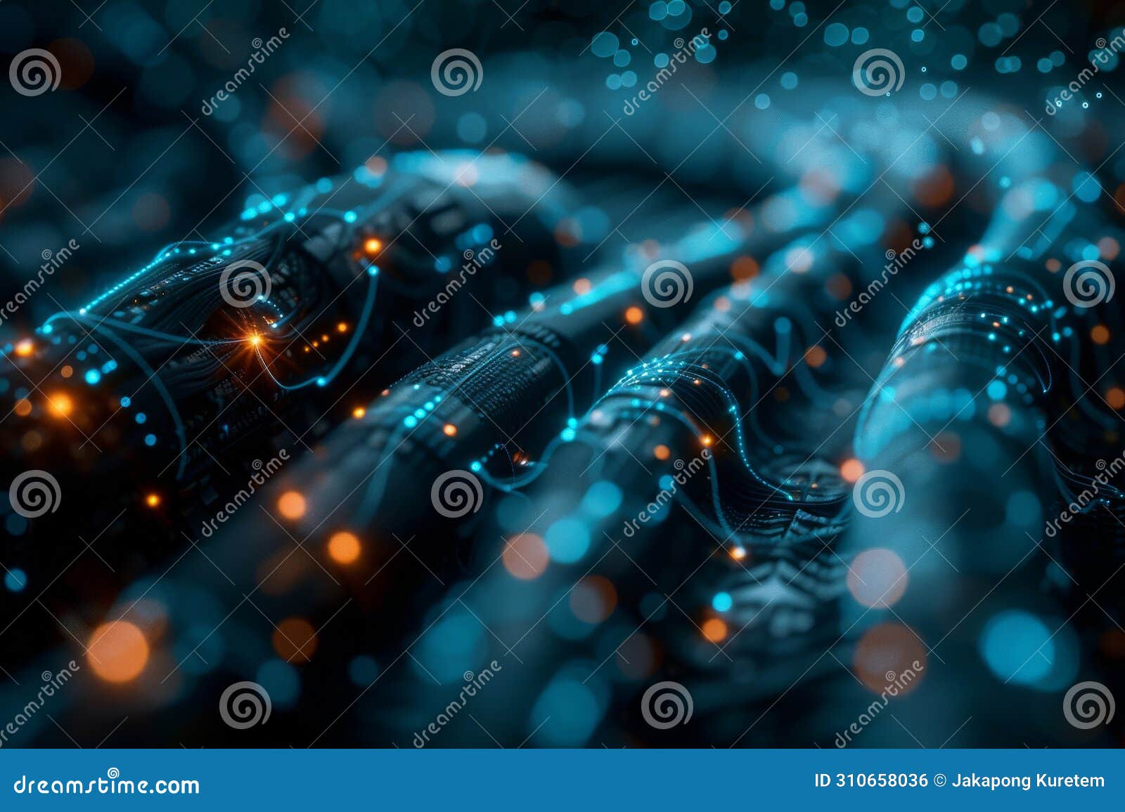 Abstract Composition Featuring a Network of Glowing Fiber Optic Cables ...