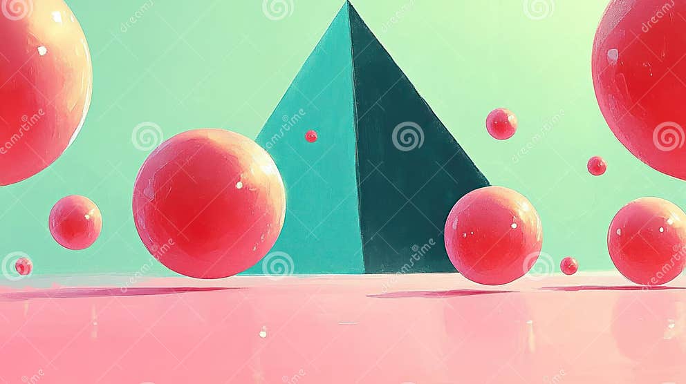 Abstract Composition Featuring a Teal Pyramid and Pink Spheres on a ...