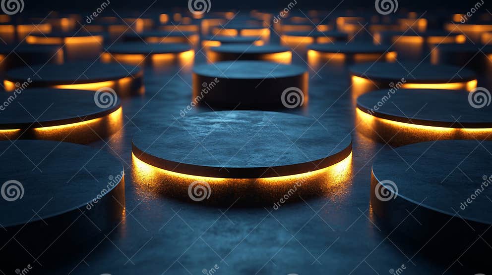 Abstract Composition of Illuminated Circular Platforms on a Dark Surface Creating a Striking ...