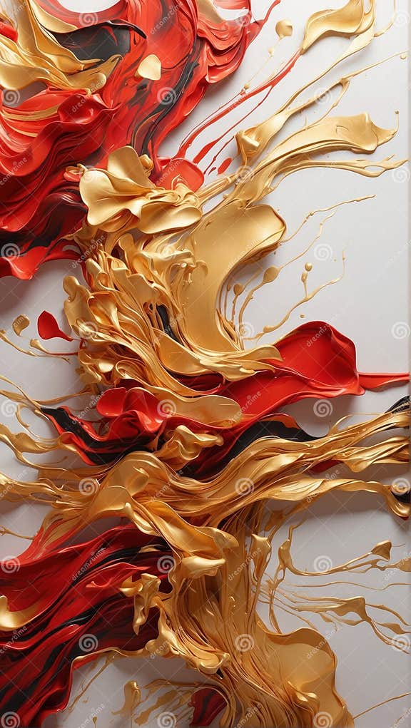An Abstract Composition of Red and Gold Paint Strokes Creating a ...