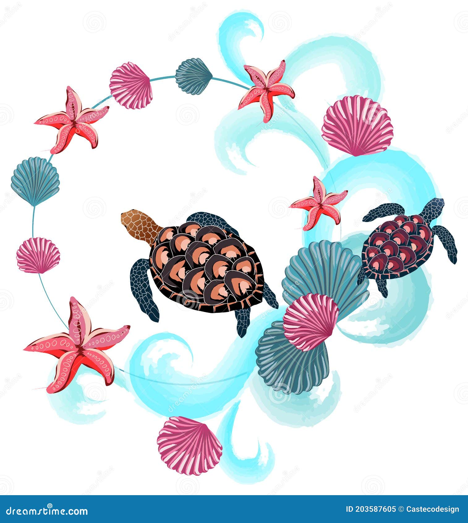 Abstract Composition of Sea Turtles, Shells, Starfishes and Waves Stock ...
