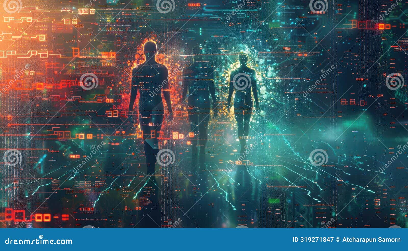 An Abstract Composition Showing Multiple Human Figures Connected by ...