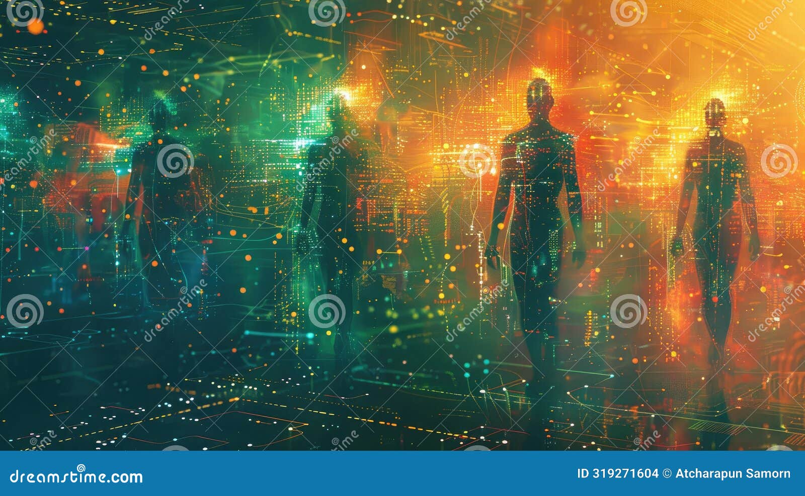An Abstract Composition Showing Multiple Human Figures Connected by ...
