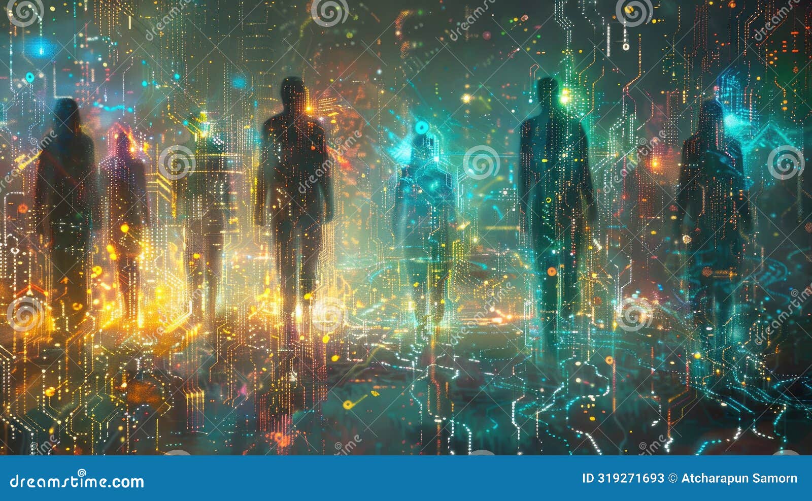 An Abstract Composition Showing Multiple Human Figures Connected by ...