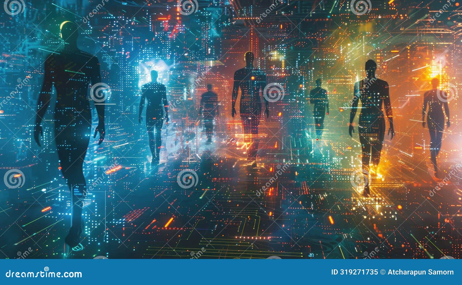 An Abstract Composition Showing Multiple Human Figures Connected by ...