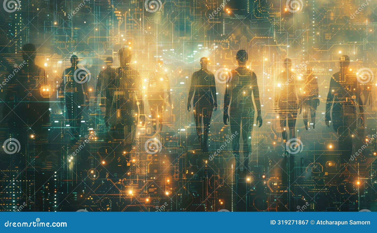 An Abstract Composition Showing Multiple Human Figures Connected by ...