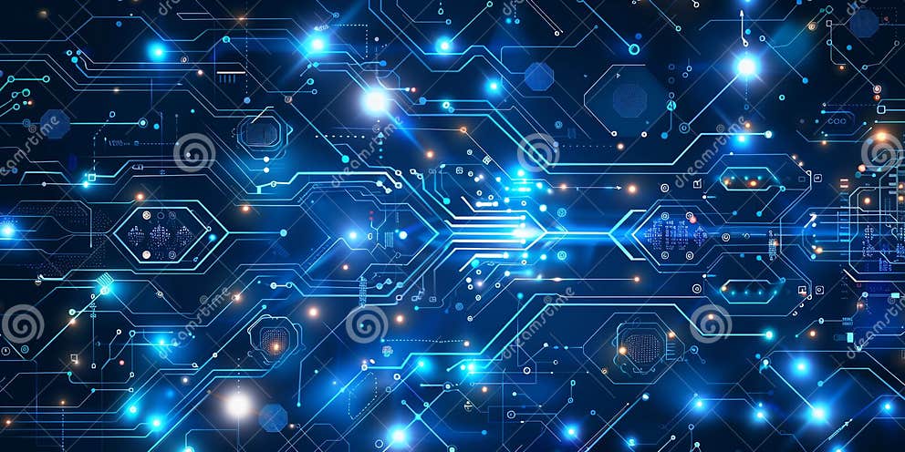 Abstract Computer Circuit Board Illuminated with Blue Lights. New ...
