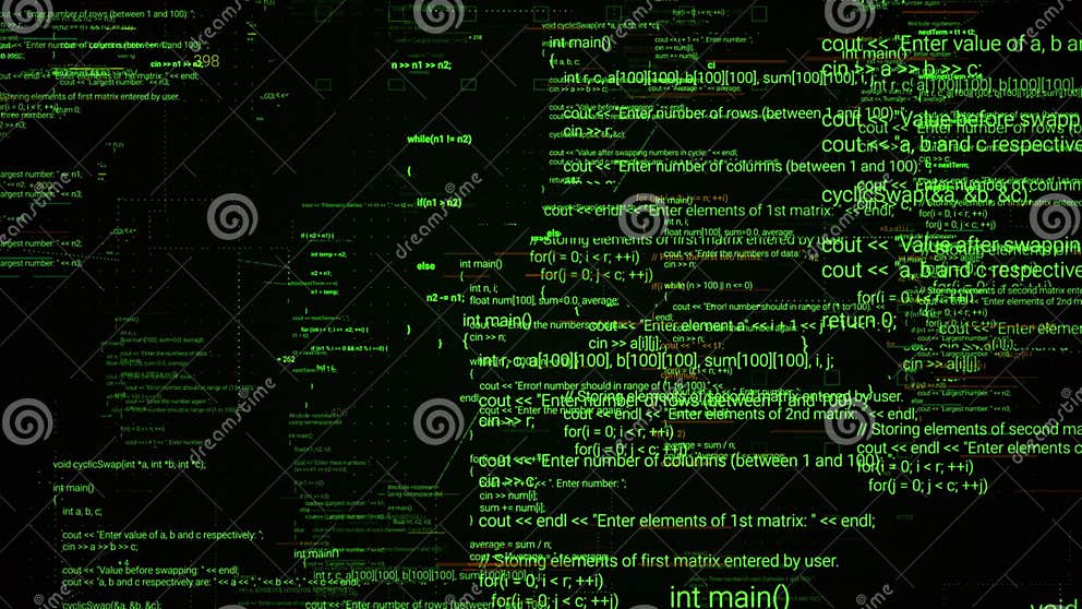 Abstract Computer Monitor with Moving Symbols. Animation. Green Linux ...