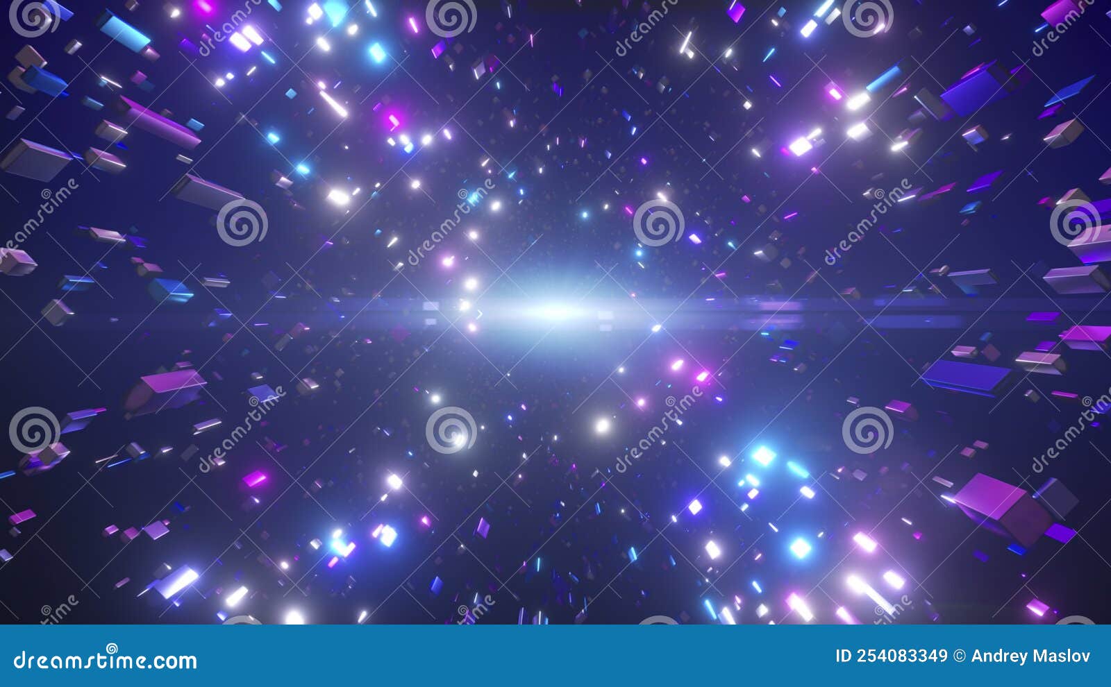 Abstract Concept. Flight through Many Rectangular Particles. Neon Light ...