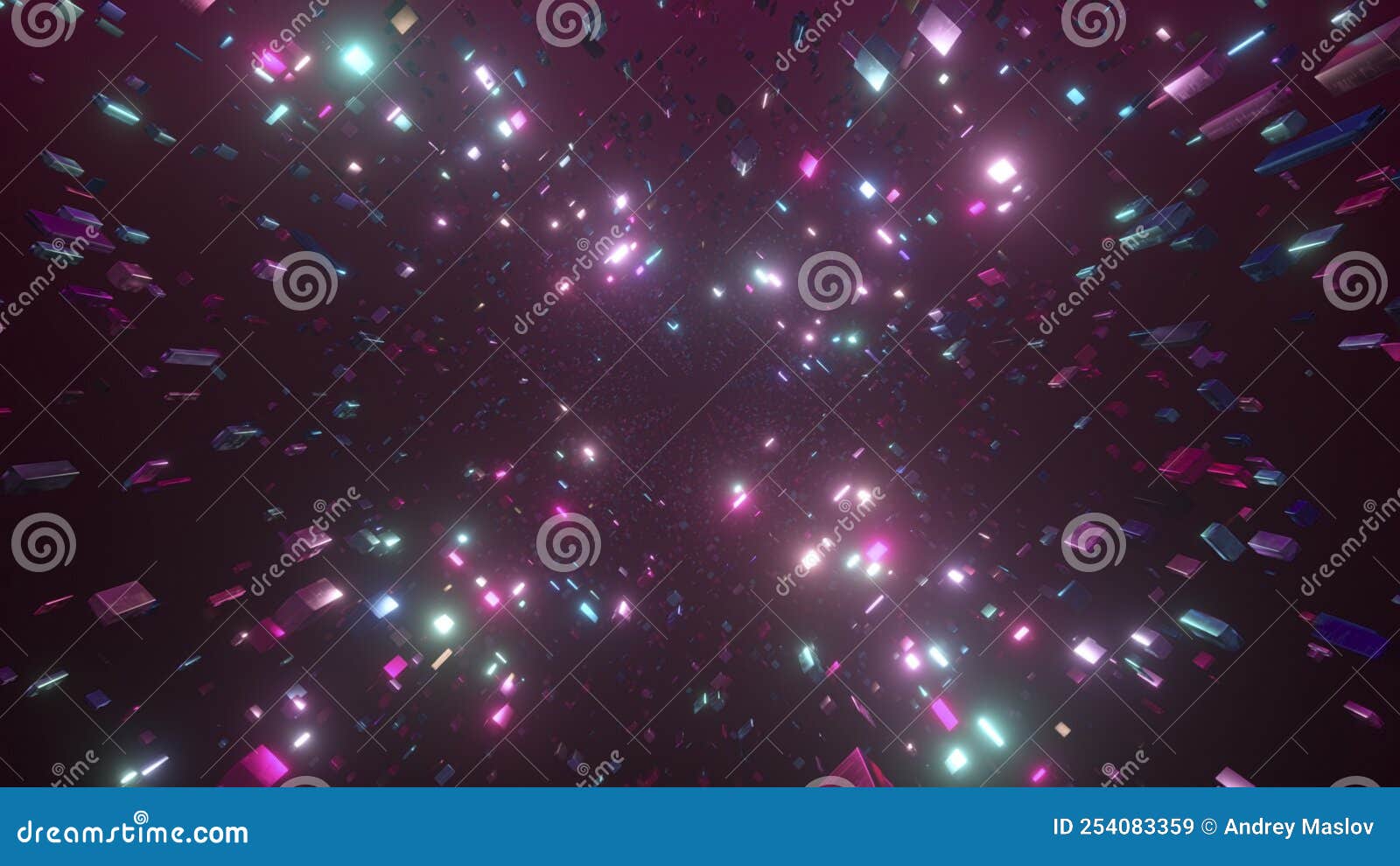 Abstract Concept. Flight through Many Rectangular Particles. Neon Light ...