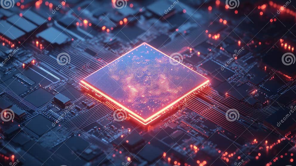 Abstract Concept of a Glowing CPU Processor on a Circuit Board. Red ...