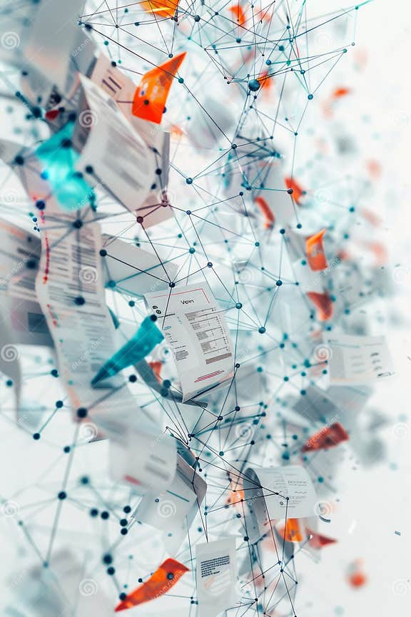 Abstract Concept of Interconnected Floating Documents with Digital Network Mesh and Data Points ...