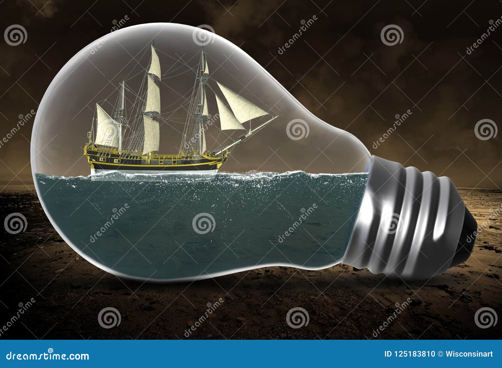 Tall Sailing Ship, Surreal Light Bulb, Water Stock Photo - Image of ...