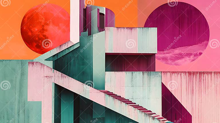 Abstract Concrete Structure with Red and Pink Moons Stock Illustration - Illustration of steps ...