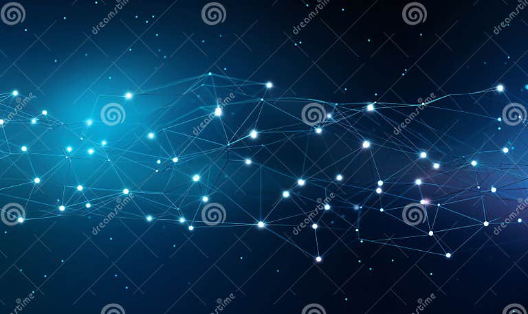Abstract Connected Dots and Lines on Blue Background. Communication and Technology Network ...
