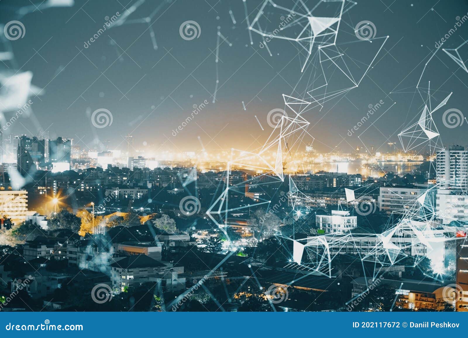 Abstract Connected Dots on Night City Background Stock Photo - Image of ...
