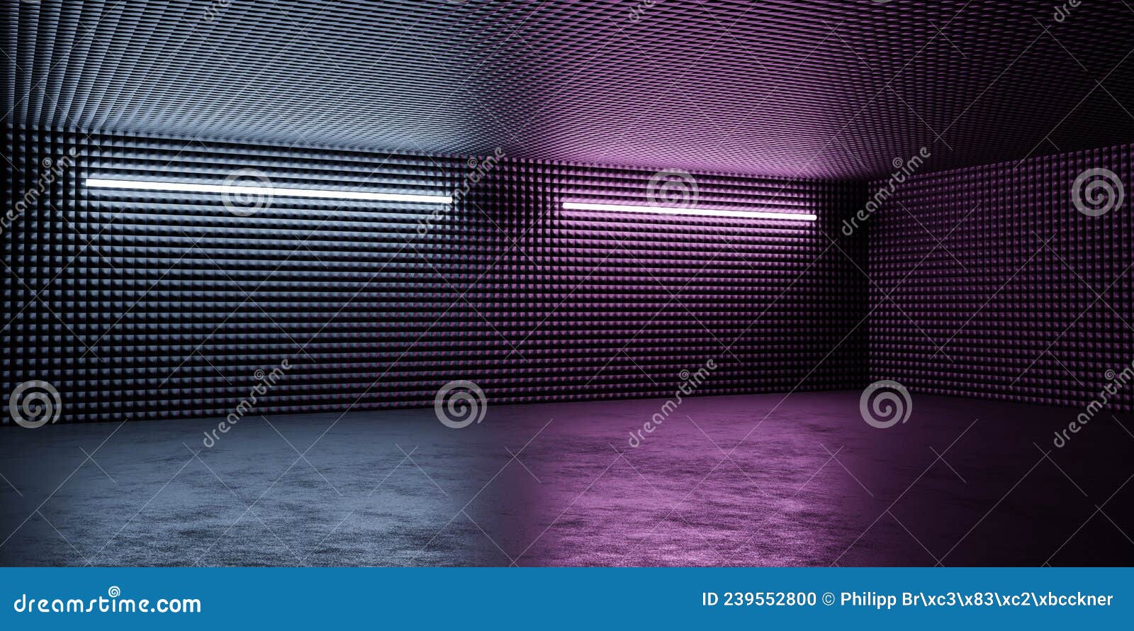 Abstract Conrete Basement Hall with Metallic Walls with Neon Lighting ...