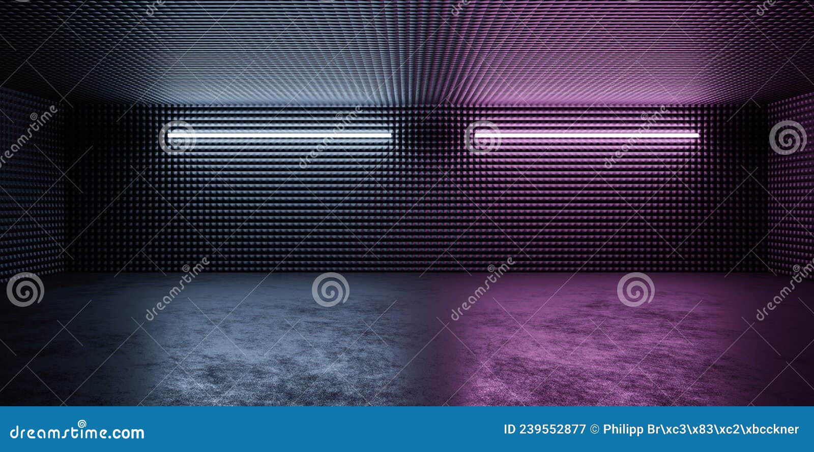 Abstract Conrete Basement Hall with Metallic Walls with Neon Lighting ...