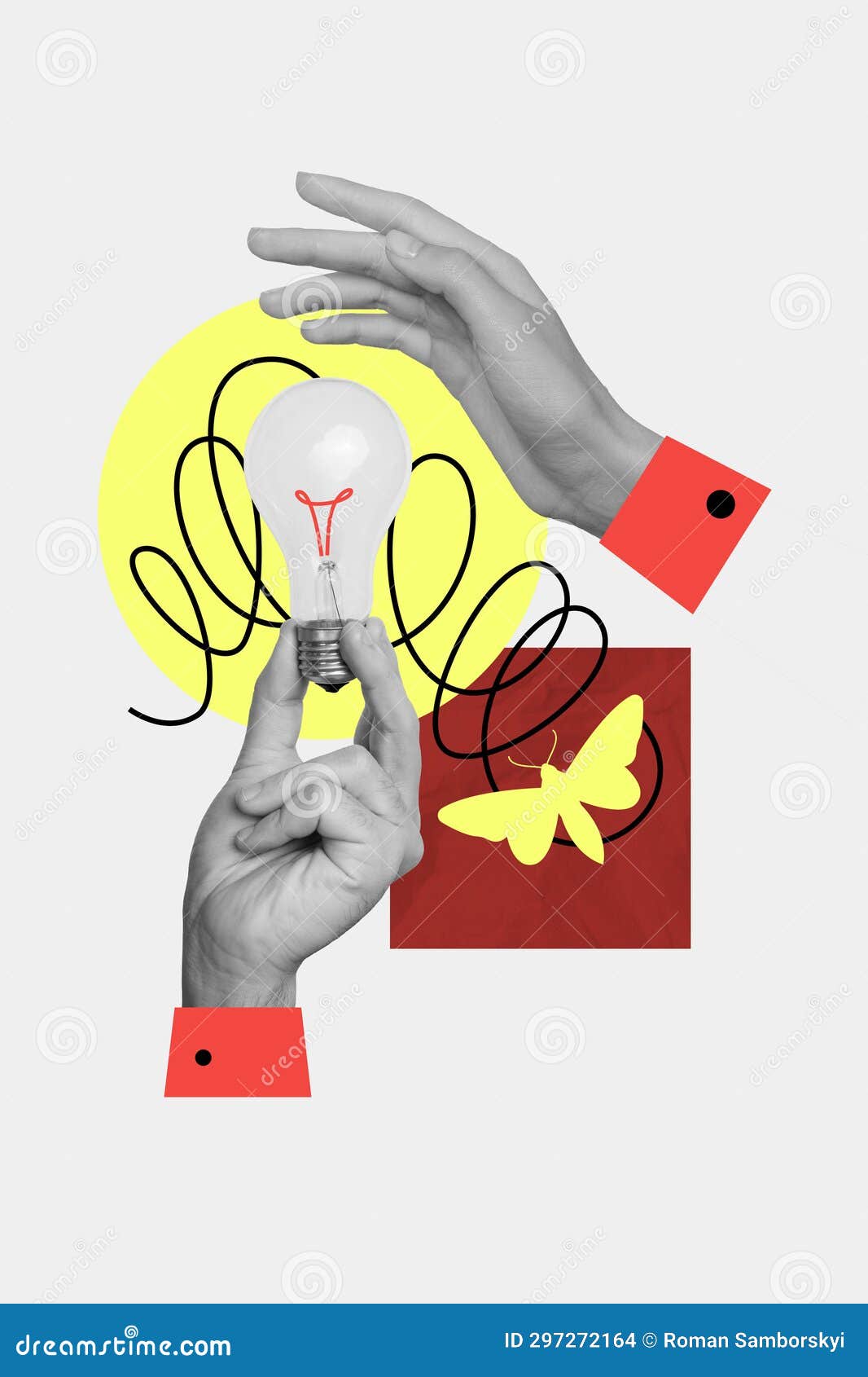 Abstract Creative Artwork Template Collage of Hands Hold Electric Bulb ...