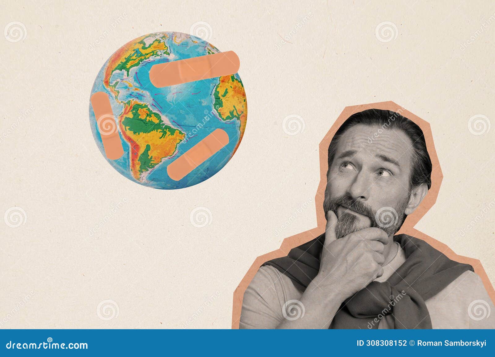 Abstract Creative Collage Aged Man Thinks How Planet Suffers Save Earth ...