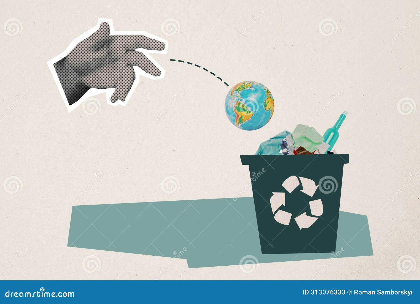 Abstract Creative Collage Hand Throws Planet in Trash Can Garbage ...