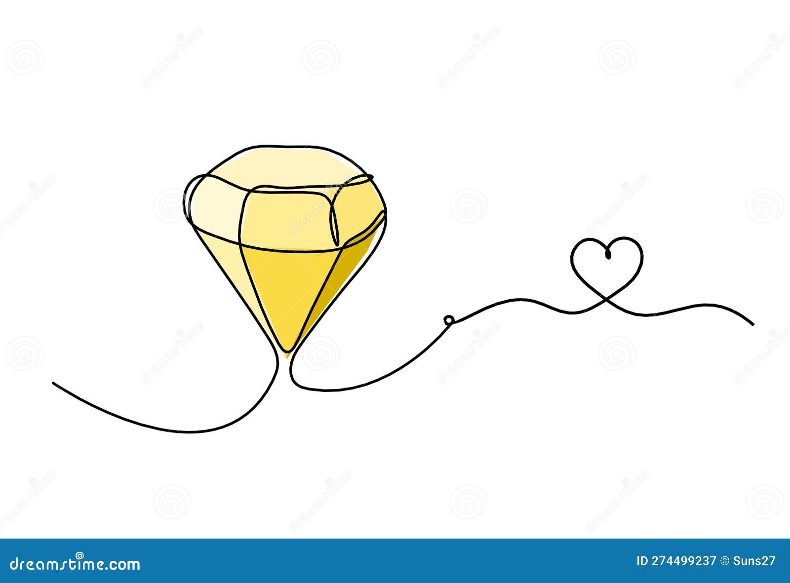 Abstract Crystal with Heart As Continuous Lines Drawing on White Stock ...