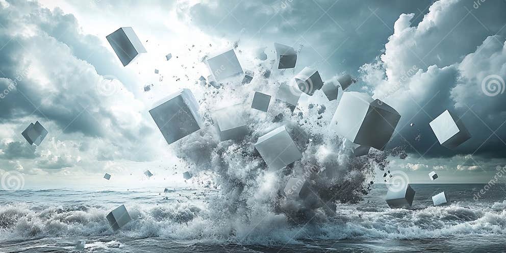 Abstract Cubes Exploding Over Ocean Waves Under Dramatic Cloudy Sky ...