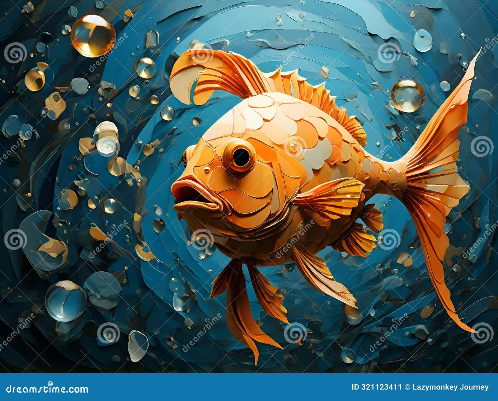 Abstract Cubism of Fish and Bubbles Blue Background Stock Illustration ...