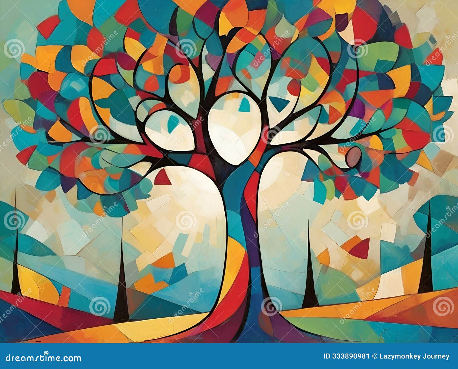 Abstract Cubism Tree in Vibrant Multicolor Background Stock ...