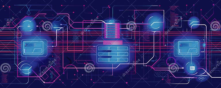 Abstract Cyber Data Network Banner with Digital Elements. Neon Circuit ...