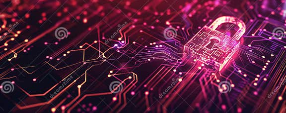 Abstract Cyber Security Background Featuring a Glowing Padlock, Circuit ...