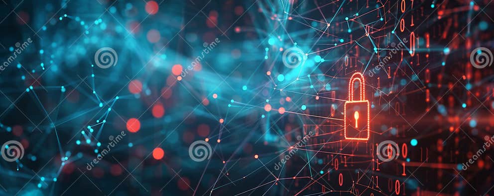 Abstract Cyber Security Background with a Glowing Padlock, Binary Code, and Interconnected Lines ...