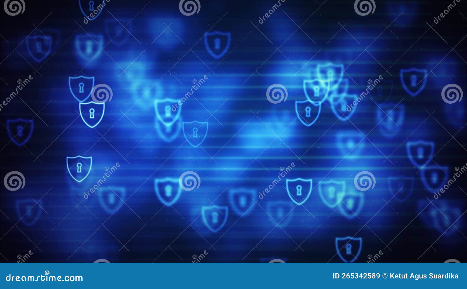Abstract Cyber Security Vignette Blue Shine Blurry Focus Shield Lock Symbol Lines on Blurry ...