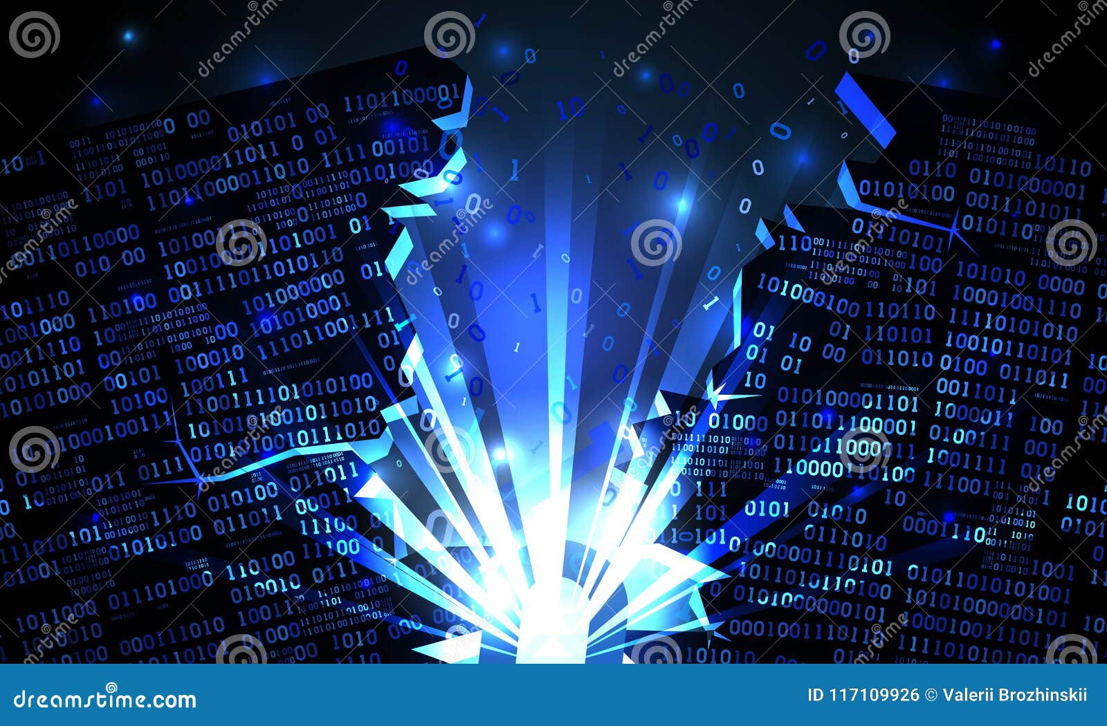 Abstract Cyberspace With A Hacked Array Of Binary Data Explosion With Rays Of Light Blown Up