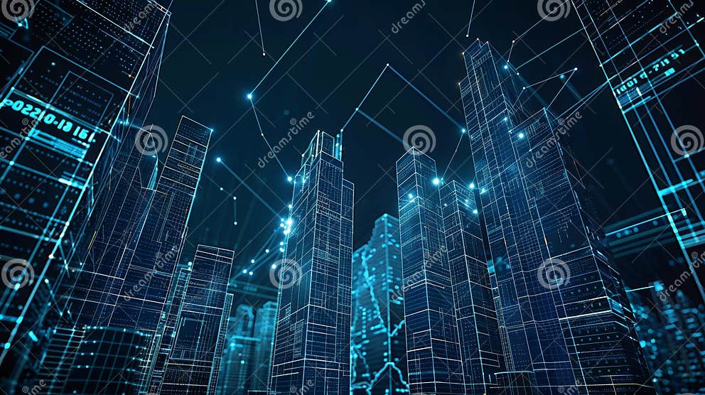 Abstract 3d City Rendering with Wireframe Skyscrapers, Digital Elements ...