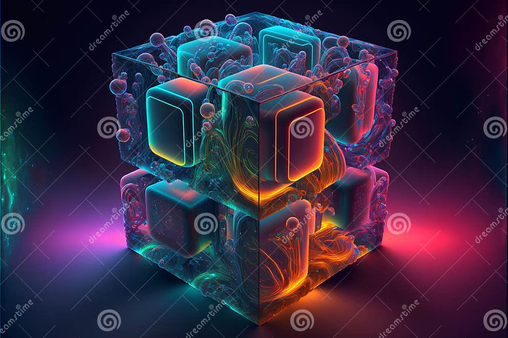 Abstract 3d Cube with Glowing Lines and Particles. Vector Illustration ...