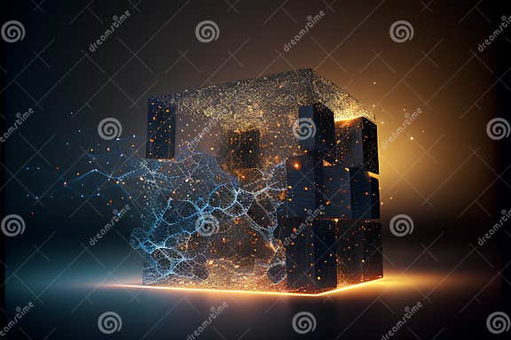 Abstract 3d Cube with Glowing Particles on Dark Background. Vector ...