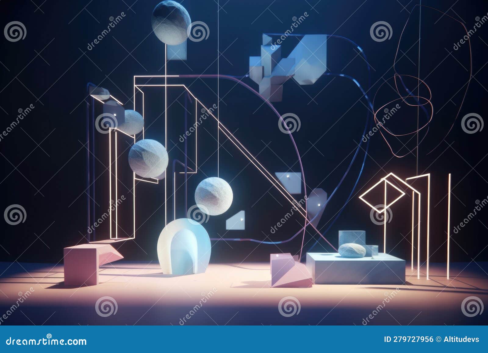 Abstract 3d Environment with Floating Geometric Shapes, Lights, and ...