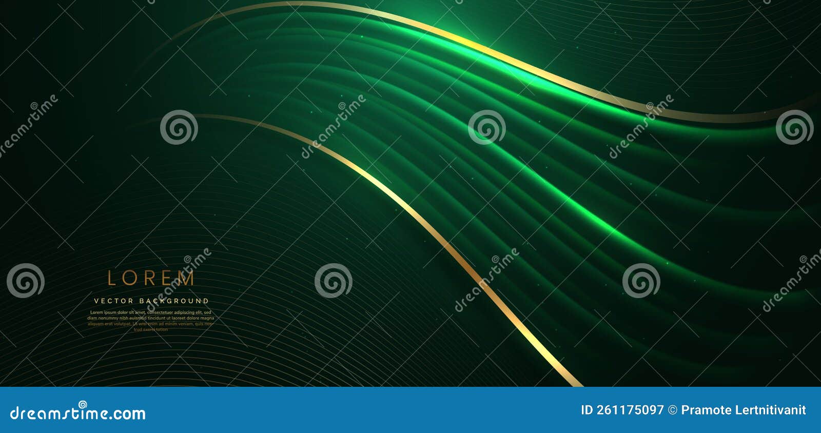 Abstract 3d Gold Curved Green Ribbon On Dark Green Background With