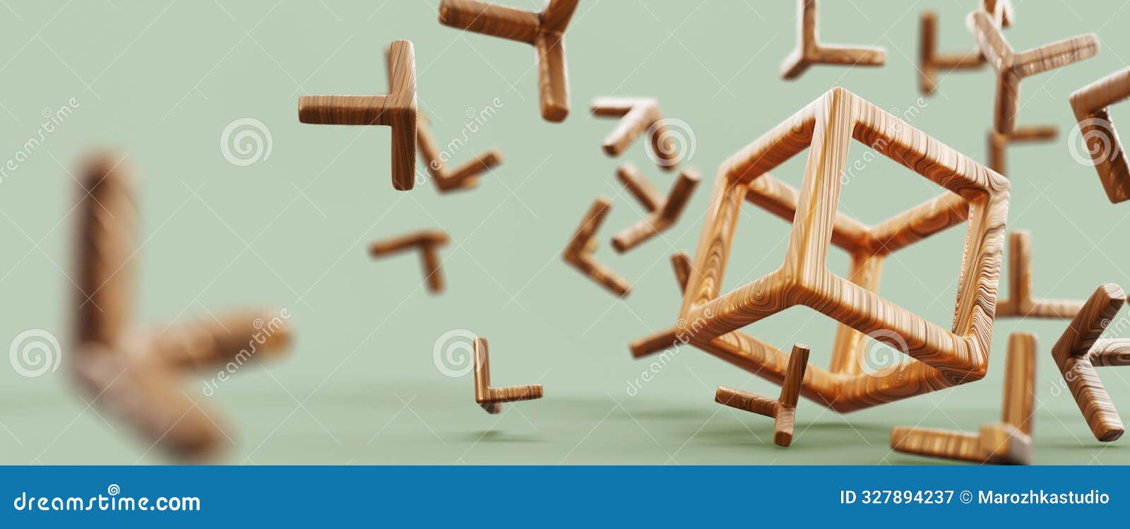 Abstract 3d Green Background Wallpaper with Wooden Wireframe Cube and ...